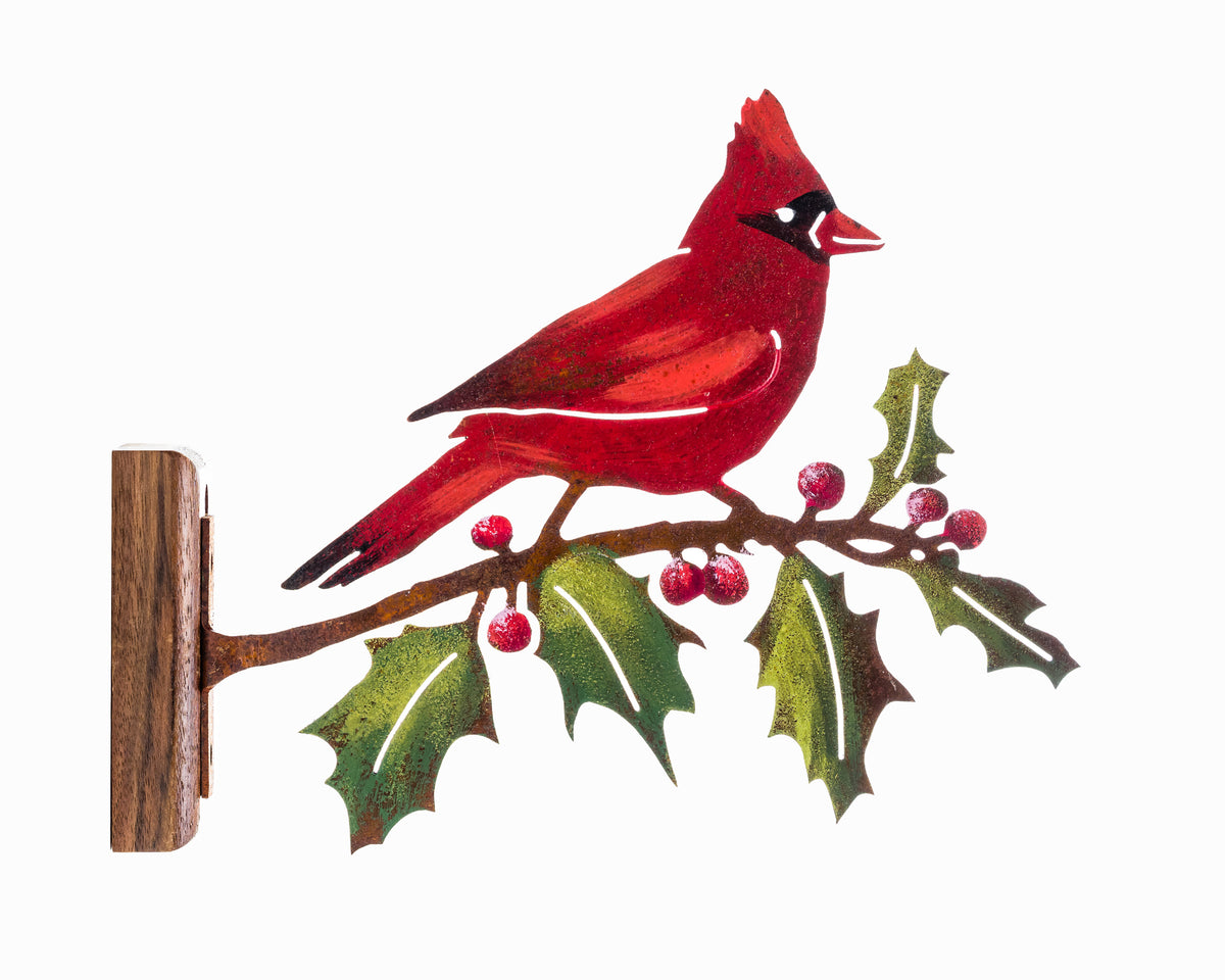 Cardinal On Holly Branch (Painted) - Rusty Birds - Garden Art
